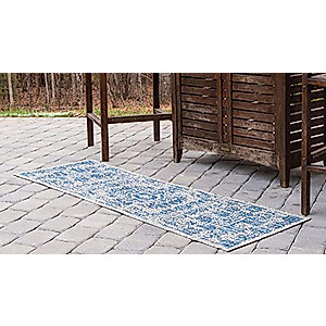 Unique Loom Outdoor Traditional Collection Area Rug - Timeworn (2' x 8' Runner, Blue/ Gray)