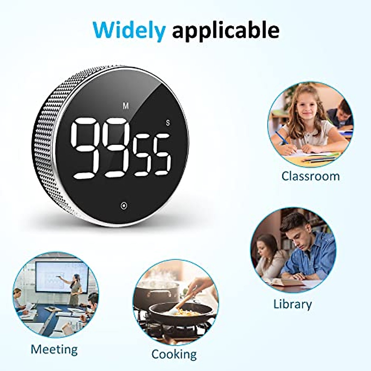Digital Kitchen Timer Magnetic Countdown with Large LED Display, Silent Classroom Timer for Kids Teachers, 3-Level Volume Round Count Up Timer for Cooking Baking, Easy Operation for Seniors Silver