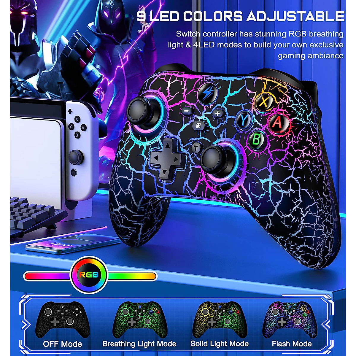 Svetaecho Wireless Switch Controller for Nintendo Switch Controller/Lite/OLED-LED Wired Windows PC Game Joysticks-Wireless PC IOS Android Remote with Cool RGB/Programmable Nintendo Switch Accessories