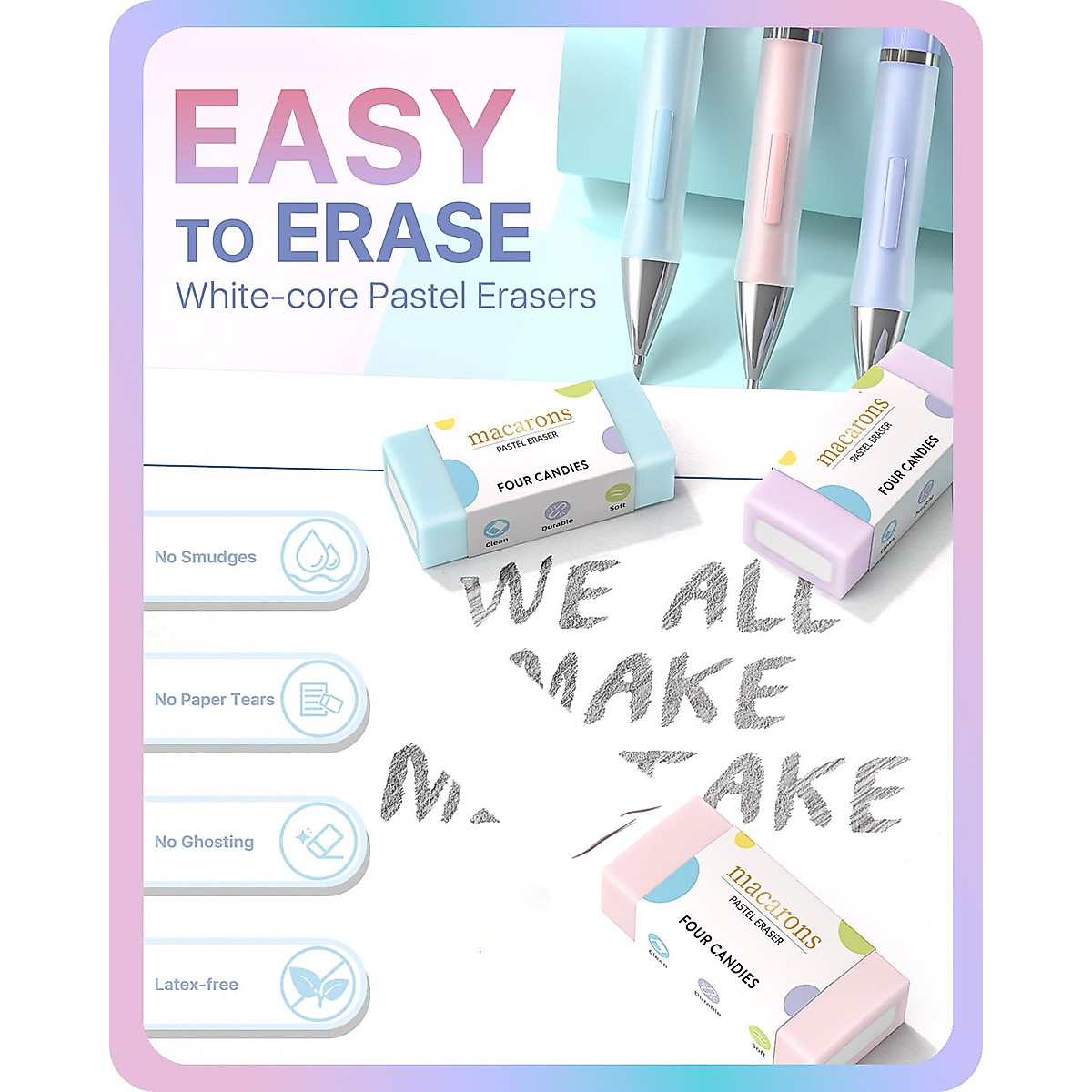 Four Candies Pastel Mechanical Pencil Set - 3PCS 0.5mm Mechanical Pencils with 240PCS HB Lead Refills, 3PCS Erasers and 9PCS Eraser Refills, Cute Colored Mechanical Pencils for Drawing & Writing