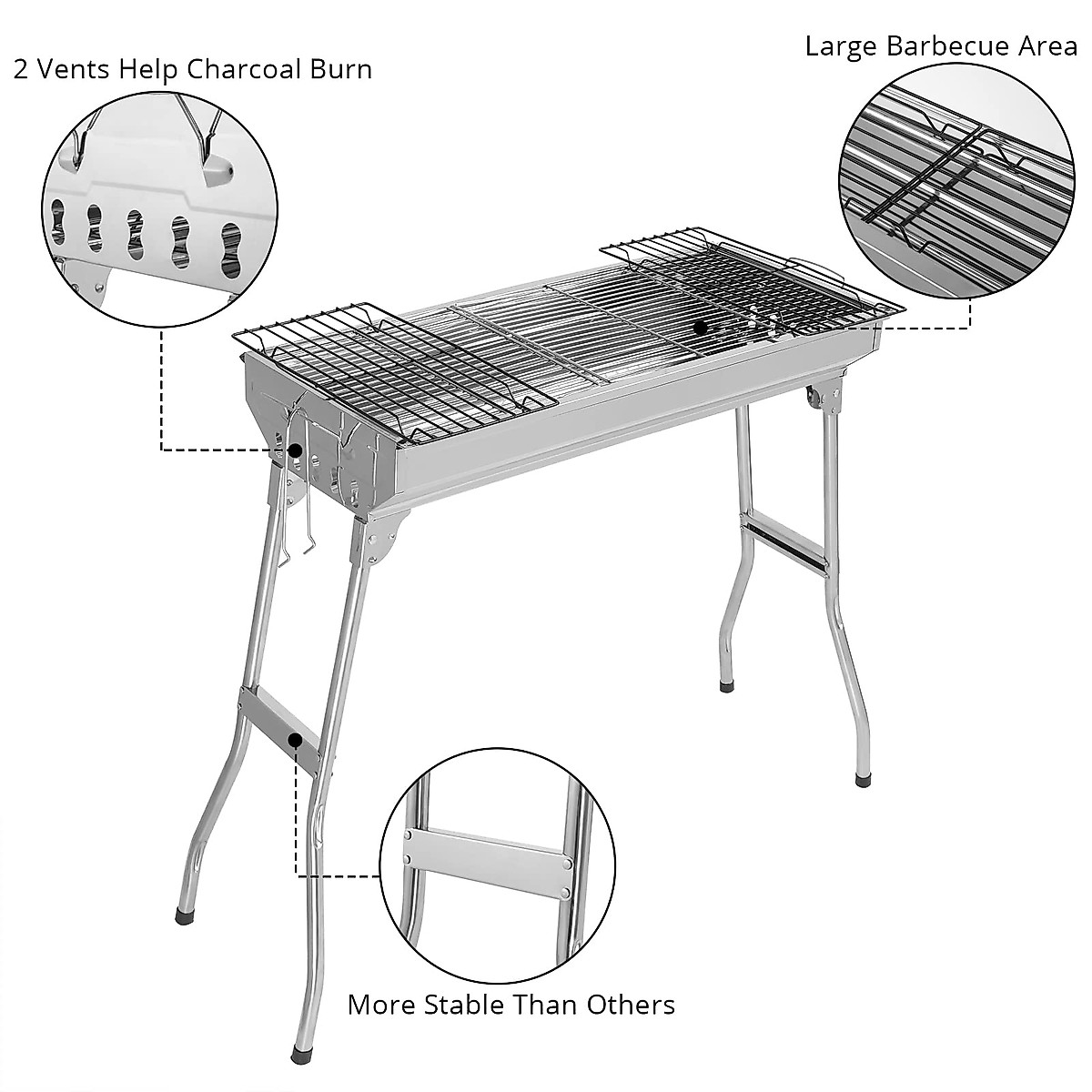 Outvita Portable Charcoal Grill, 28x 13 x 27" Foldable Barbecue Grill, Stainless Steel BBQ Grill and Smoker for Outdoor Cooking Camping Hiking Party Picnic Garden Beach