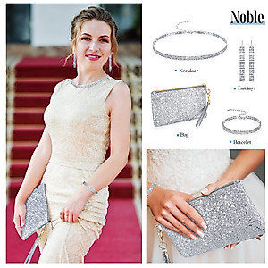 Sanwuta 4 Pcs Silver Clutch Purses for Women Evening Rhinestone Jewelry Set Necklace Earrings Bracelet Prom Wedding Accessories(Elegant Style)