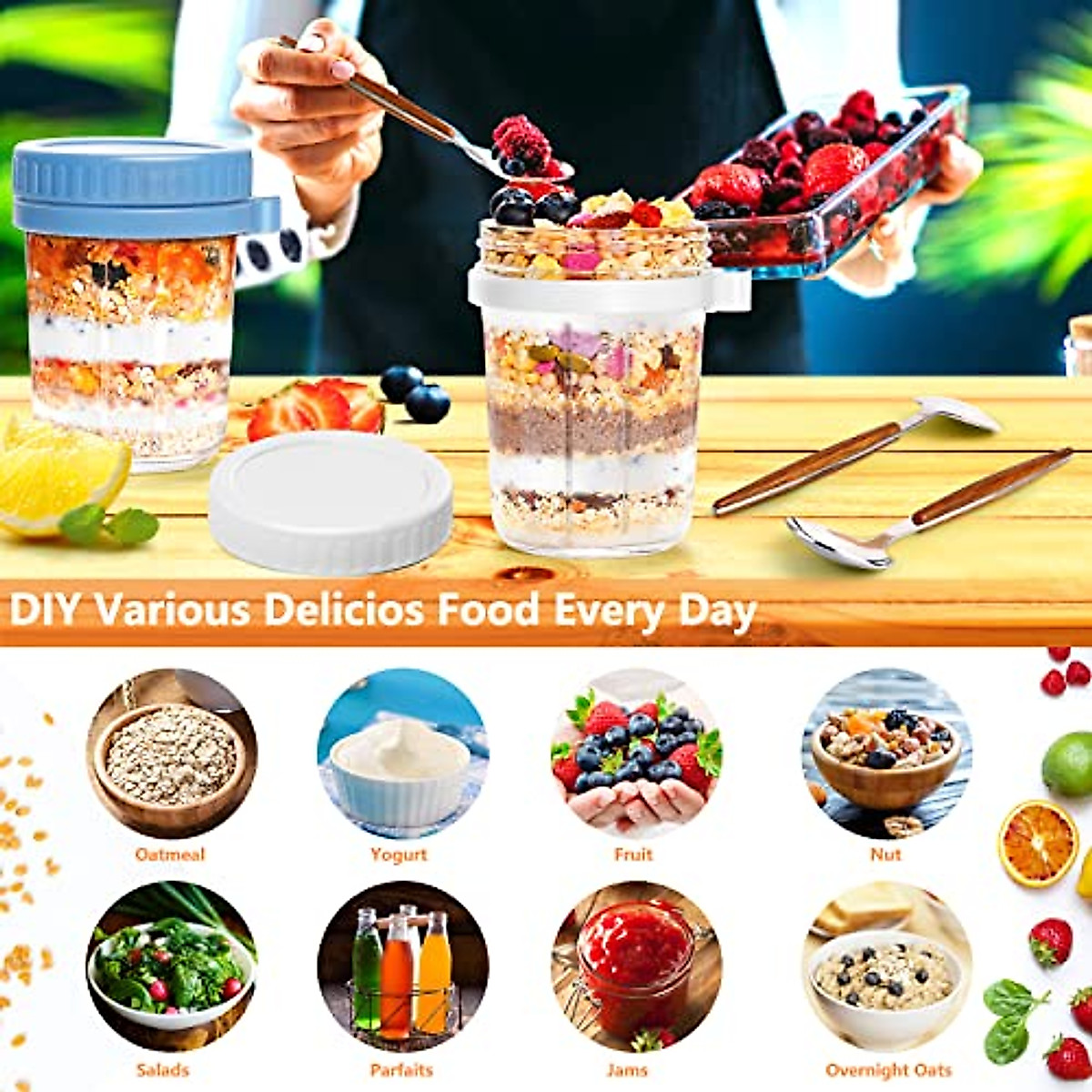 Overnight Oats Containers with Lids and Spoon, Wide Mouth Mason Jars 16 Oz Overnight Oats Jars with Measure Mark, 2 Pack Oatmeal Container Glass Mason Jars for Overnight Oats Salad Yogurt (White/Blue)