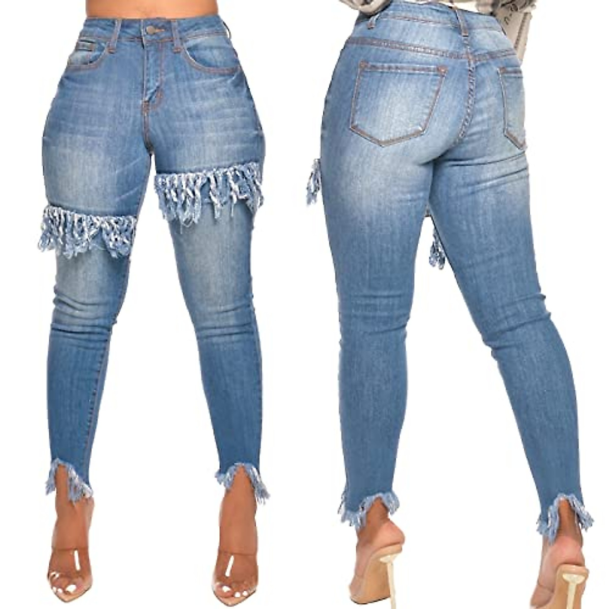 FairBeauty Women's Skinny Stretch Jeans Frayed Raw Hem Slim Fit Jeans Ripped Denim Pants Blue-a