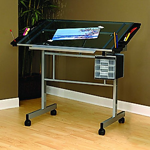 Studio Designs Vision Craft and Drawing Station - 35.5" W by 23.75" D Silver-Blue Glass Top Drafting Table with Pencil Drawers, Side Trays, & Built-In Pencil Ledge - Angle Adjustable Work Surface