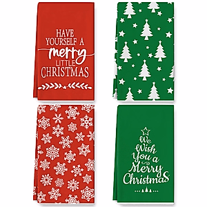 AnyDesign 4 Pack Christmas Kitchen Towels Christmas Tree Snowflake Pattern Dishcloth Red Green Xmas Hand Drying Towels for Christmas Home Kitchen Bathroom Decoration Housewarming Gifts, 18 x 28