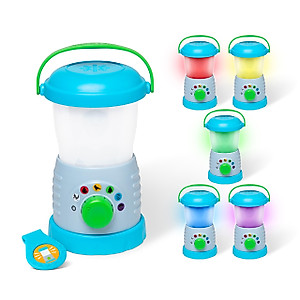 Melissa & Doug Let’s Explore Light & Sound Camping Lantern Play Set, lantern, 3 double-sided cards to set the scene (cards store in bottom of lantern), collectible medallion
