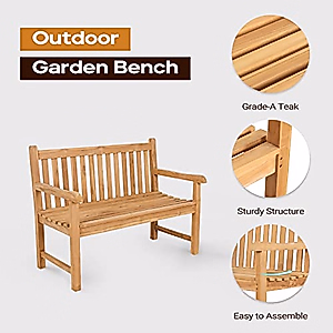 OTSUN Garden Bench Outdoor Bench, A-Grade Teak Bench for Front Porch with Curved Backrest and Arch Armrest, Yard Benches for Outdoor Indoor, and Patio, 48" Lx26 Wx36 H, 100% Teak Wood