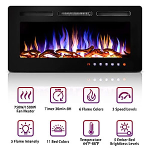 SUNNY FLAME 36 Inch Electric Fireplace Insert and Wall Mounted, Fireplace Heater, Log Set & Crystal Options, Remote Control with Timer, Adjustable Flame Color 750/1500W Heat