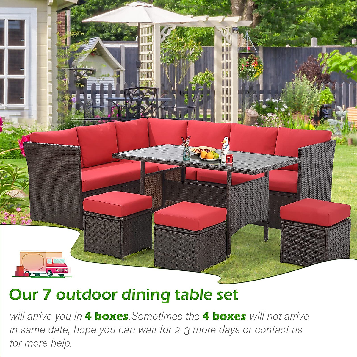 AECOJOY 7 Pieces Patio Furniture Set with Table, Outdoor Patio Furniture, Outdoor Dining Sectional Sofa with Table&Chair, Brown Rattan&Red Cushion