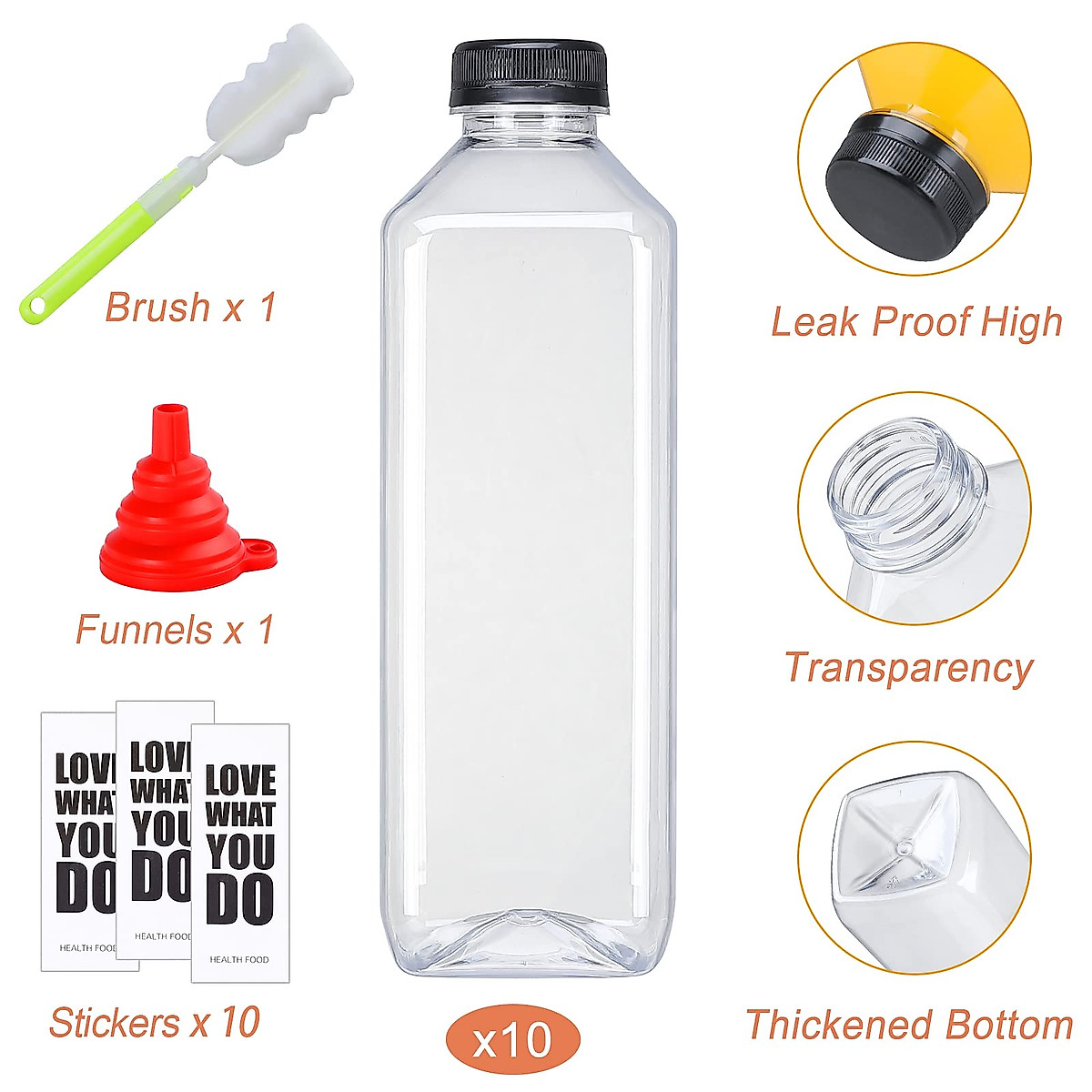 Fhxtcygj 10pcs 33oz Plastic Bottles with Caps, Juice Container with Lids, Empty Plastic Juice Bottles Reusable Clear Bulk Beverage Containers with Tamper Evident Cap for Milk, Smoothie, Drinks