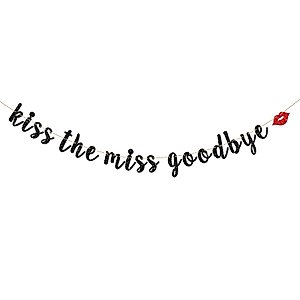 INNORU Kiss the Miss Goodbye Banner - Engagement Party Decor - Miss to Mrs Party Decorations Supplies, Bridal Shower Party Bunting Decorations, Black Glitter