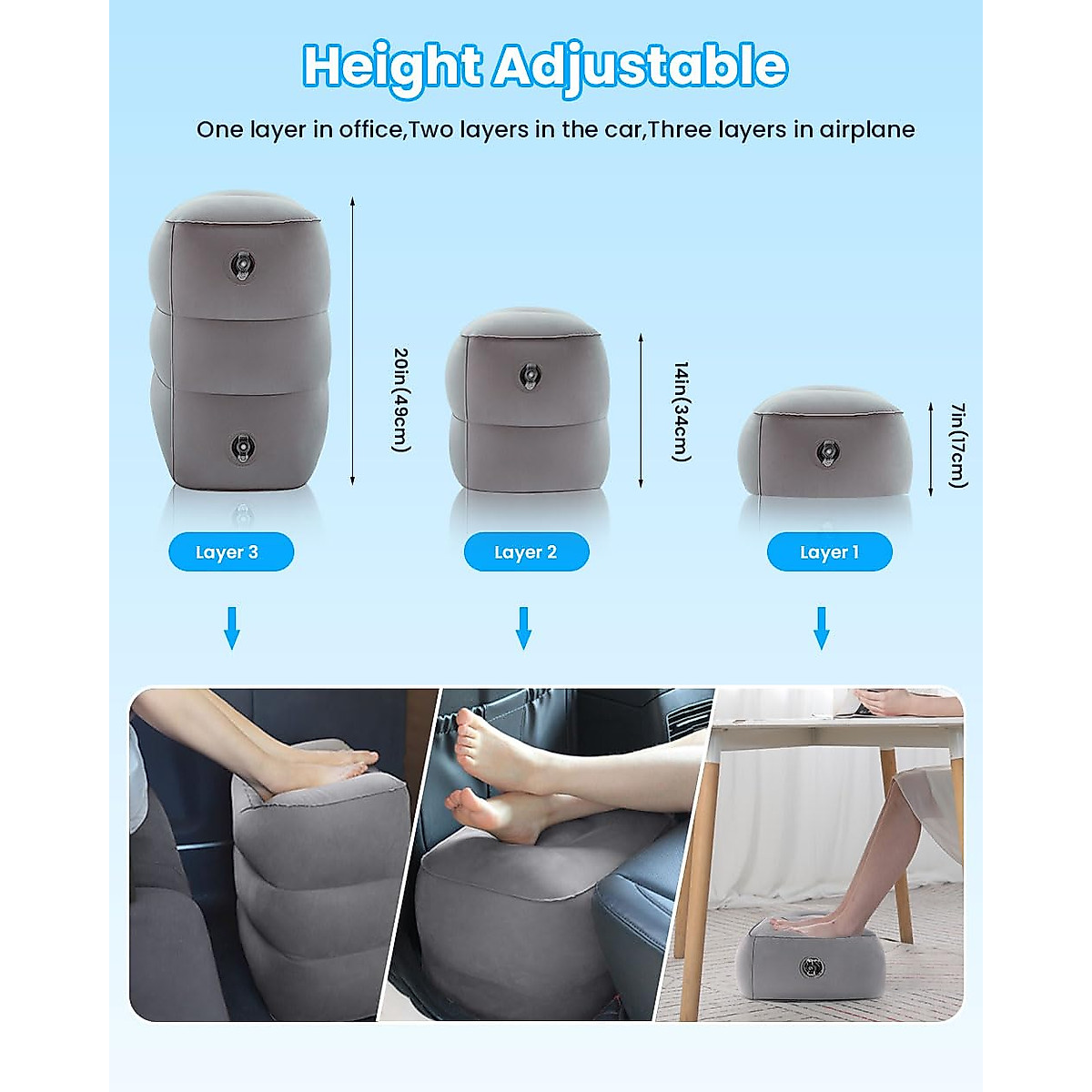Inflatable Foot Rest for Air Travel - Airplane Foot Rest Adjustable Height Leg Pillow for Kids & Adults on Plane, Car, Train, Office and Home (1 PCS)