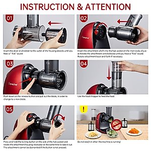AMZCHEF Slow Masticating Juicer Bundled with Slicer Shredder Attachments, Cold Press Juicer With Silent Motor and Reverse Function,3 Interchangeable blades for Juicing and Shredding Cheese