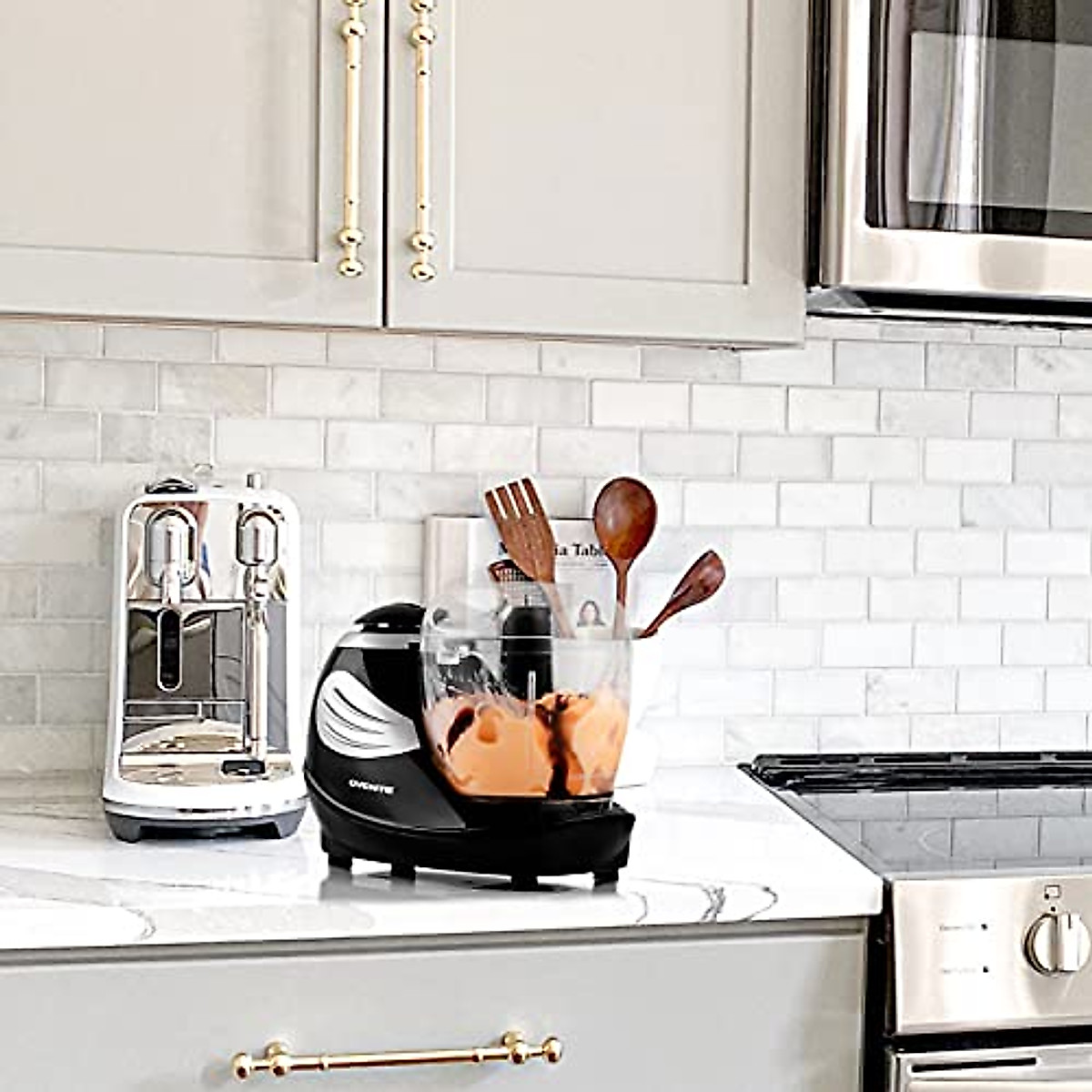 OVENTE Mini Electric Food Processor and Salad Vegetable Shake Mixer 1.5 Cup With Stainless Steel Blades Grater Slicer Chopper Juicer blenders and Emulsify Accessories Black PF1007B