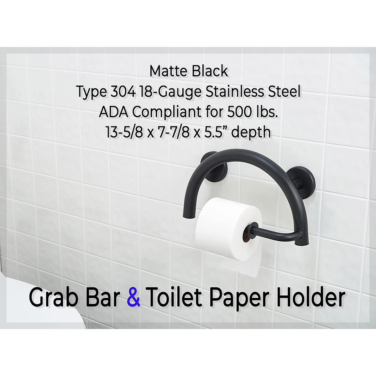 Grab Bar Toilet Paper Holder - ADA Bathroom Safety Handrail/304 Stainless Steel/Brushed/ 13" x 8"