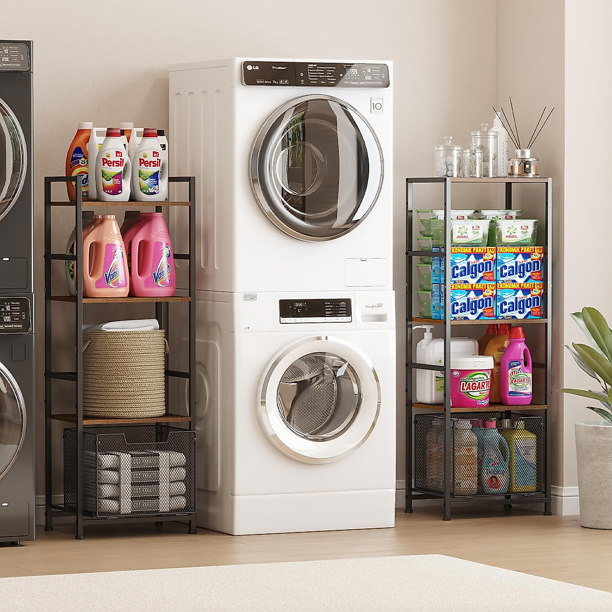 4-Tier Standing Storage Shelves, Narrow Shelving Unit for Small Places, Metal Wood Combination Storage Shelf Rack with Wire Basket,Adjustable Utility Shelf for Bathroom Kitchen Laundry Garage