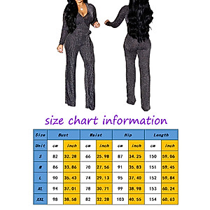 Sparkly Jumpsuits for Women Elegant Night Sexy Plus Size Long Sleeve Clubwear Party Casual Rompers Wide Leg Pants Silver XL