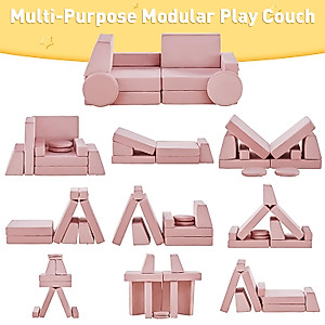 TUKAILAi 10PCS Modular Kids Play Couch, Convertible Child Sectional Sofa, Imaginative Furniture Play Set for Creative Kids, Toddler, Teen Nugget Couch for Boys and Girls(Pink)