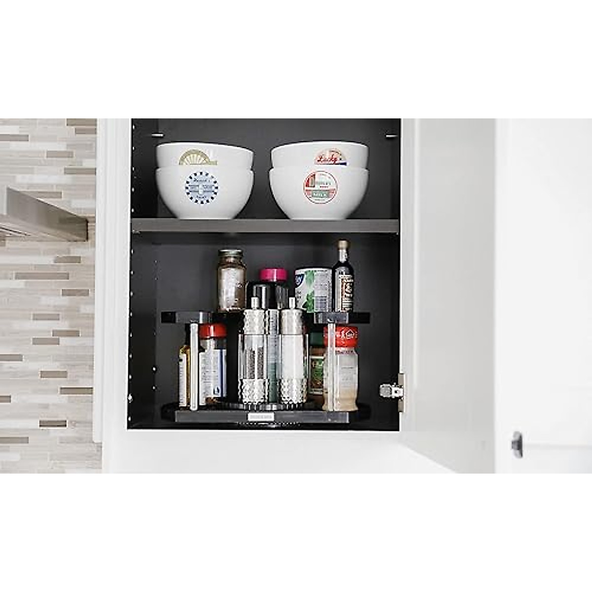 Spice Rack Organizer for Cabinet 2 Tier Lazy Susan Organizer Holds 40 Spice Jars with Double Spinner on Bottom Spice Shelf for Kitchen Pantry Organization and Storage by Stow-n-Spin Made in USA