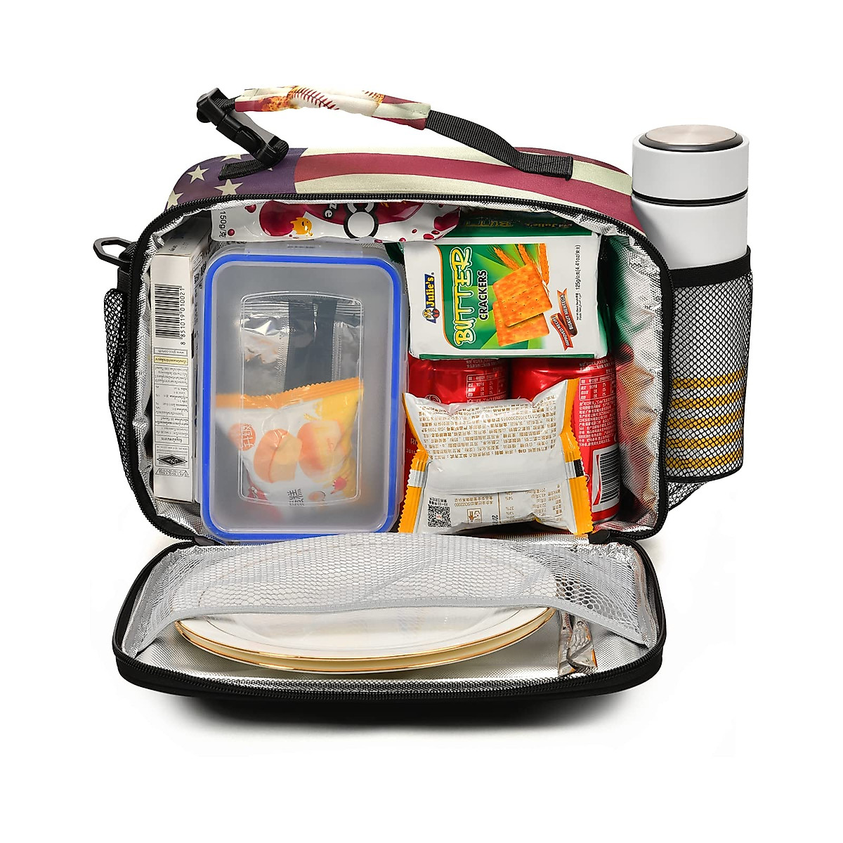 Baseball Ball Fire Lunch Bags for Women Men Us Flag Stars Thermal Cooler Bag Lunch Box Insulated Reusable Organizer Tote Lunch Bag with Adjustable Shoulder Strap for Work Picnic Beach Sporting