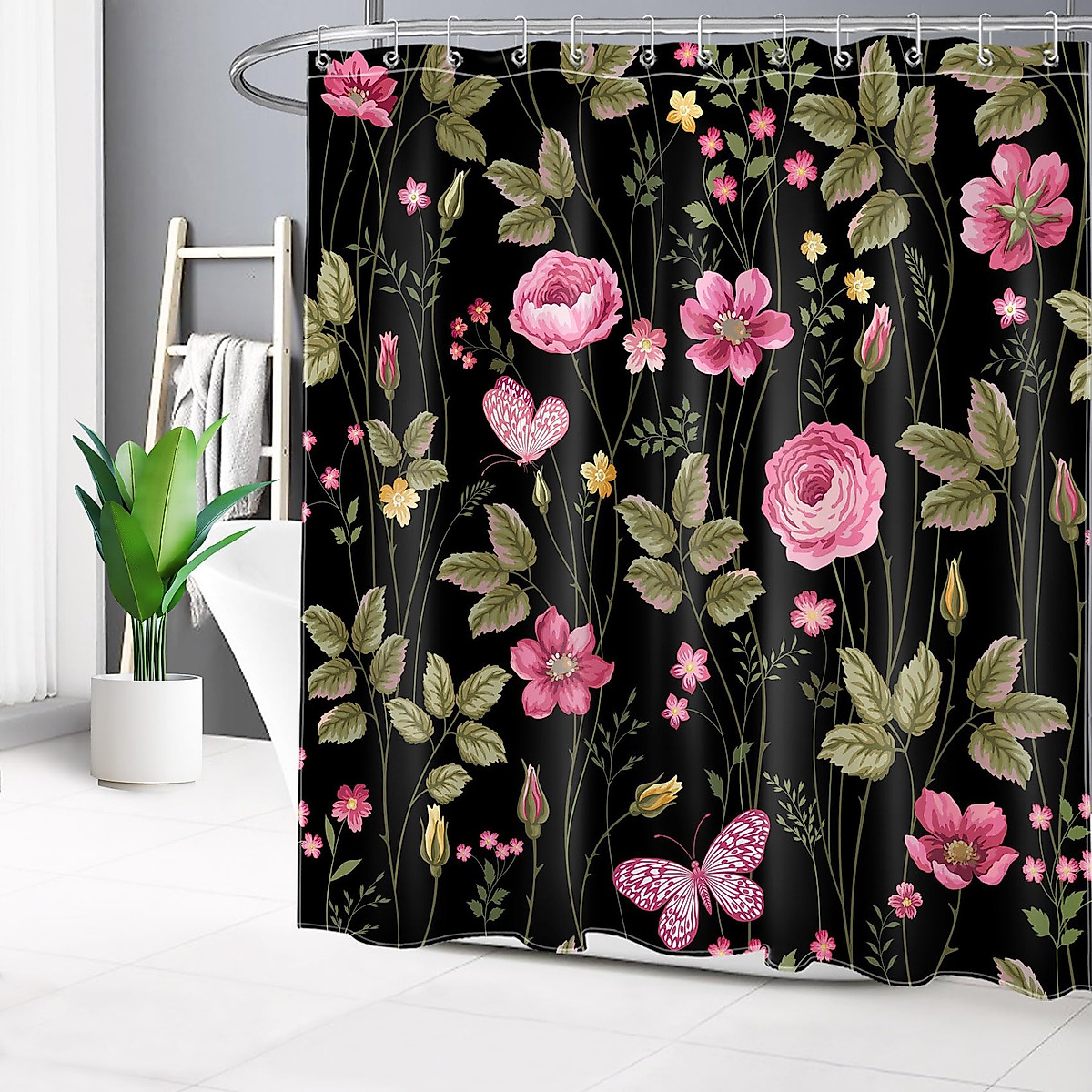 LB Watercolor Floral Shower Curtain for Bathroom, Pink Flower Butterfly and Sage Green Leaf on Black Fabric Shower Curtain with Hooks, Nature Plant Botanical Bathroom Curtain Shower Set, 72"W x 78"L
