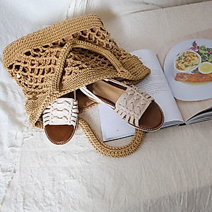 Straw Shoulder Beach Bag Cotton Thread Hand-crocheted Bag Handmade Shoulder Bag Large Capacity Messenger Bag for Women (Brown)