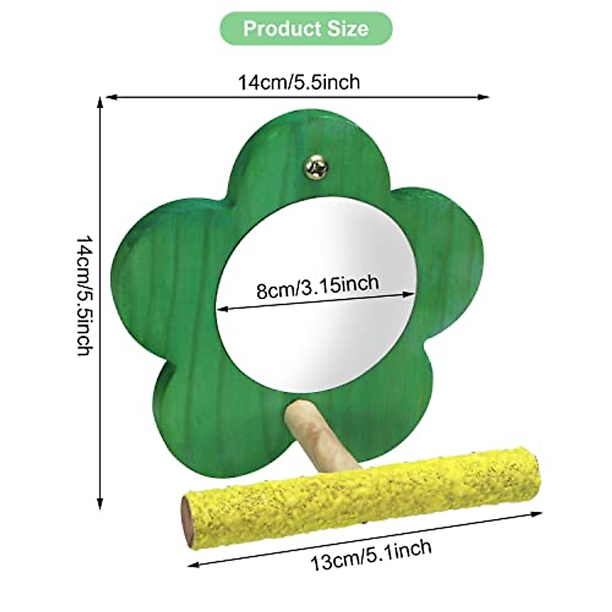 Bird Parrot Mirror with Perch Natural Wood Swing Colorful Sand Grind Paw Trim Beak for Small Parrot Parakeet Cockatiel Lovebird Conure Finch Budgie (Flower-Shaped)