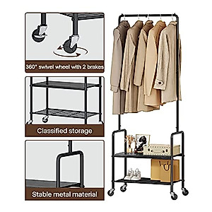 Labonida Rolling Clothing Rack - Space-Saving Clothes Rack on Wheels - Portable Hanging Storage Organizer with 2 Shelves - Sturdy Metal Garment Rack for Home & Business (Black, Industrial Style)