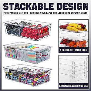 ESARORA Plastic Storage Bin with Lid and Divider, Clear Shallow Pantry Organizer with Handle for Fridge, Cabinet, Kitchen, Bedroom, Closet, Bathroom, Office, Pantry Organization, 6 Pack 10.28 inch