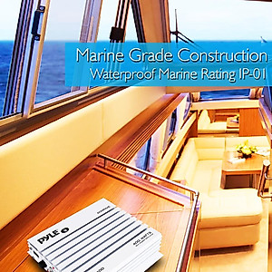 Pyle Hydra Marine Amplifier - Upgraded Elite Series 400 Watt 4 Channel Audio Amplifier - Waterproof, 12 volt, Dual MOSFET Power Supply, GAIN Level Controls, RCA Stereo Input & LED Indicator (PLMRA400)