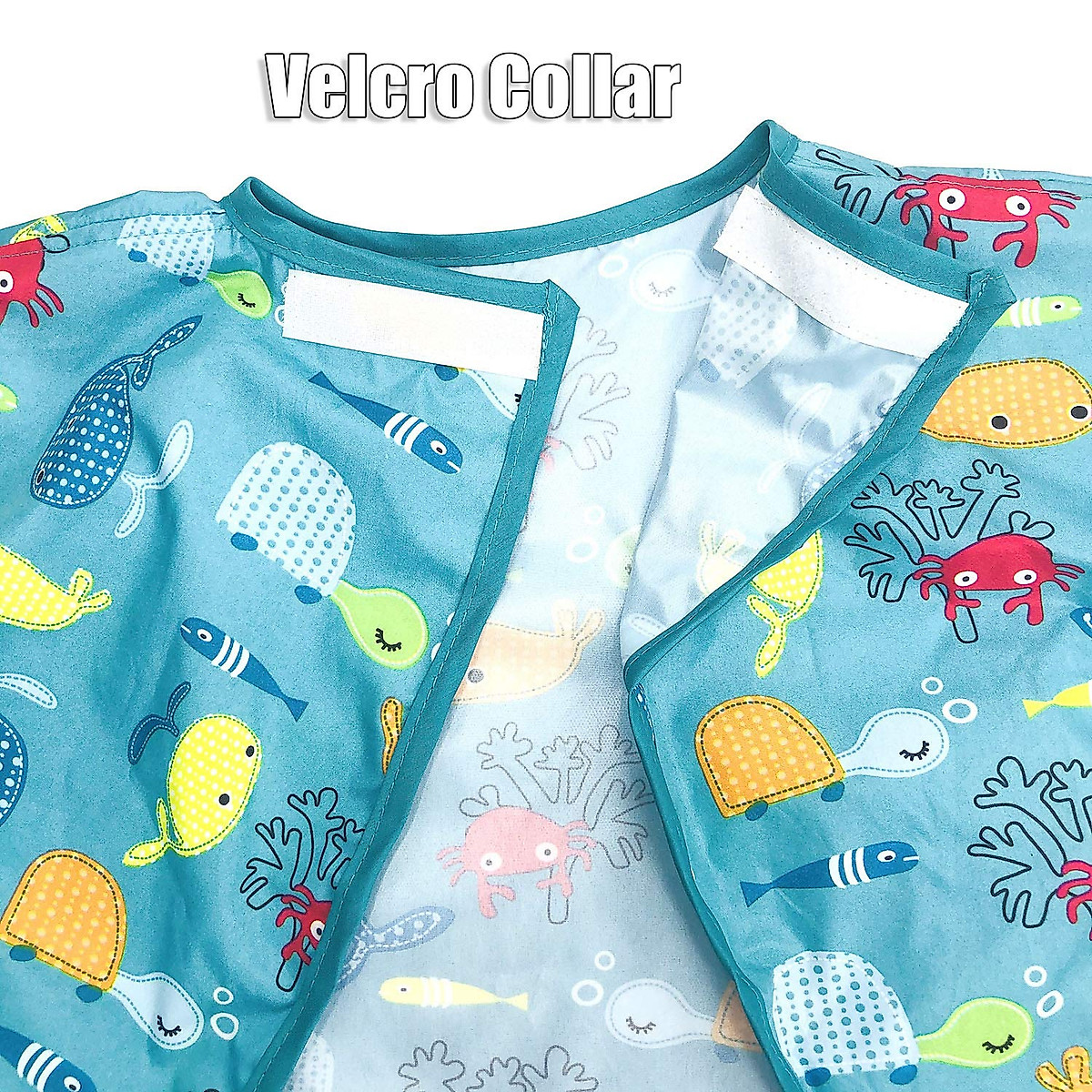 HIVVI Long Sleeve Baby Bib, Attaches to Highchair, Waterproof & Portable (Blue Seaworld)