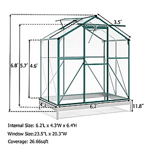 OPTOUGH 6.2x4.3x7.4 FT Polycarbonate Greenhouse with Sliding Door, 2 Vent Window and Base, Walk-in Greenhouse Storage Shed Sunroom Aluminum Hot House for Outdoor Garden Backyard, Green