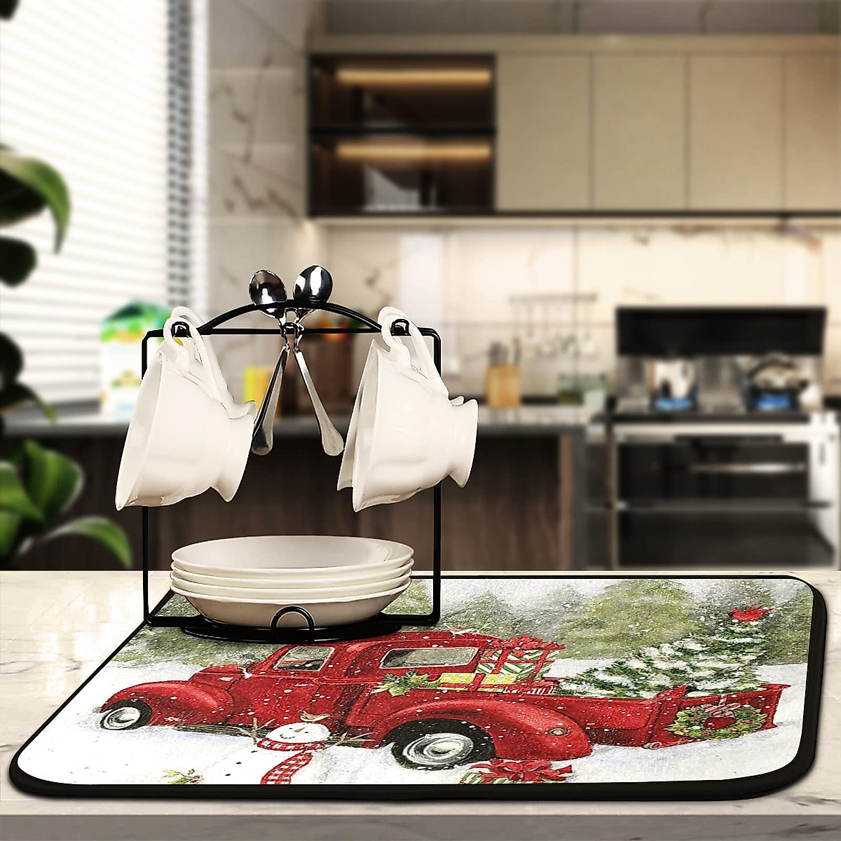 C.IOPMNU Christmas Red Truck Dish Drying Mat - 18" x 24" Microfiber Dish Mat Absorbent Drying Pad Heat-resistant Dish Drainer Mats for Kitchen Countertop