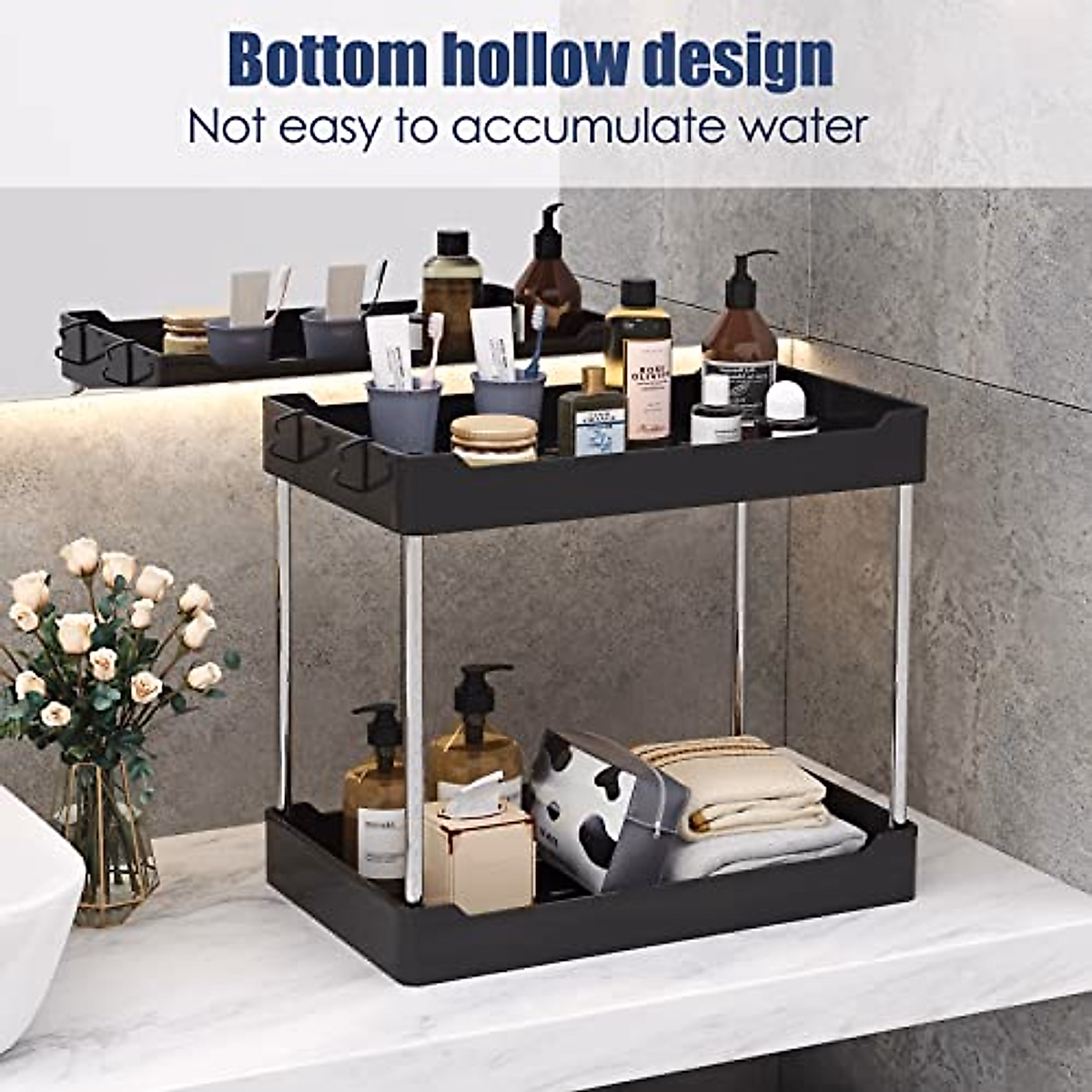 Tailide Under Sink Organizers and Storage (2 Pack), 2 Tier Bathroom Organizer Under Sink, Black Under Kitchen Sink Organizers and Storage, Cleaning Supplies Organizer, Counter Under Cabinet Storage