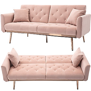TITA-DONG Velvet Sofa Convertible Sleeper Sofa,Modern Tufted Sofa Bed with 2 Throw Pillow & Gold Plating Base 5 Leg, Adjustable Folding Accent Sofa Couch for Living Room