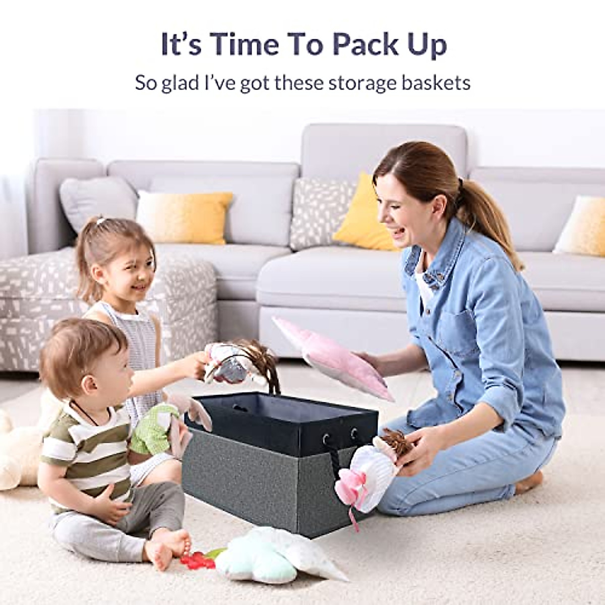 SAM AND MABEL Large Fabric Storage Baskets for Organizing - 16.5"(L) x 11.8"(W) x 9.8"(H) Pack of 3 Toy Organizers and Storage Bins, Collapsible Storage Bins for Shelves (Warm Black and Gray)