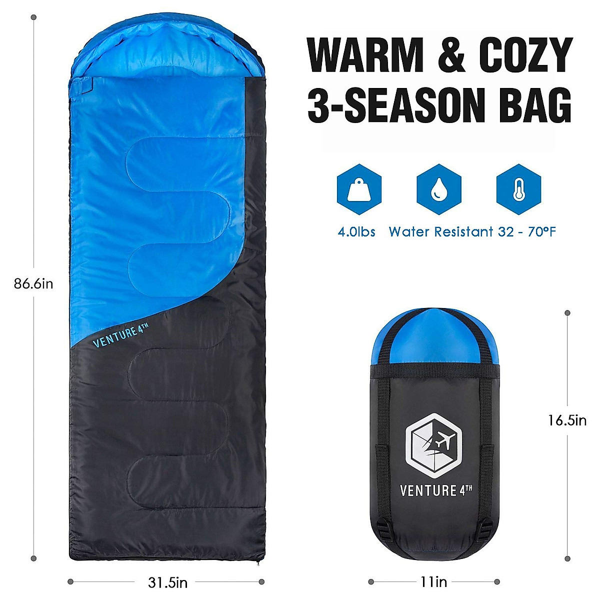 VENTURE 4TH Backpacking Warm Sleeping Bag with Self Inflating Sleeping Pad for Adults & Kids – Ideal for Hiking, Camping & Outdoor Adventures