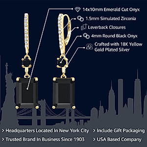 Gem Stone King 18K Yellow Gold Plated Silver Black Onyx Earrings For Women (13.94 Cttw, Gemstone Birthstone, Emerald Cut 14X10MM)