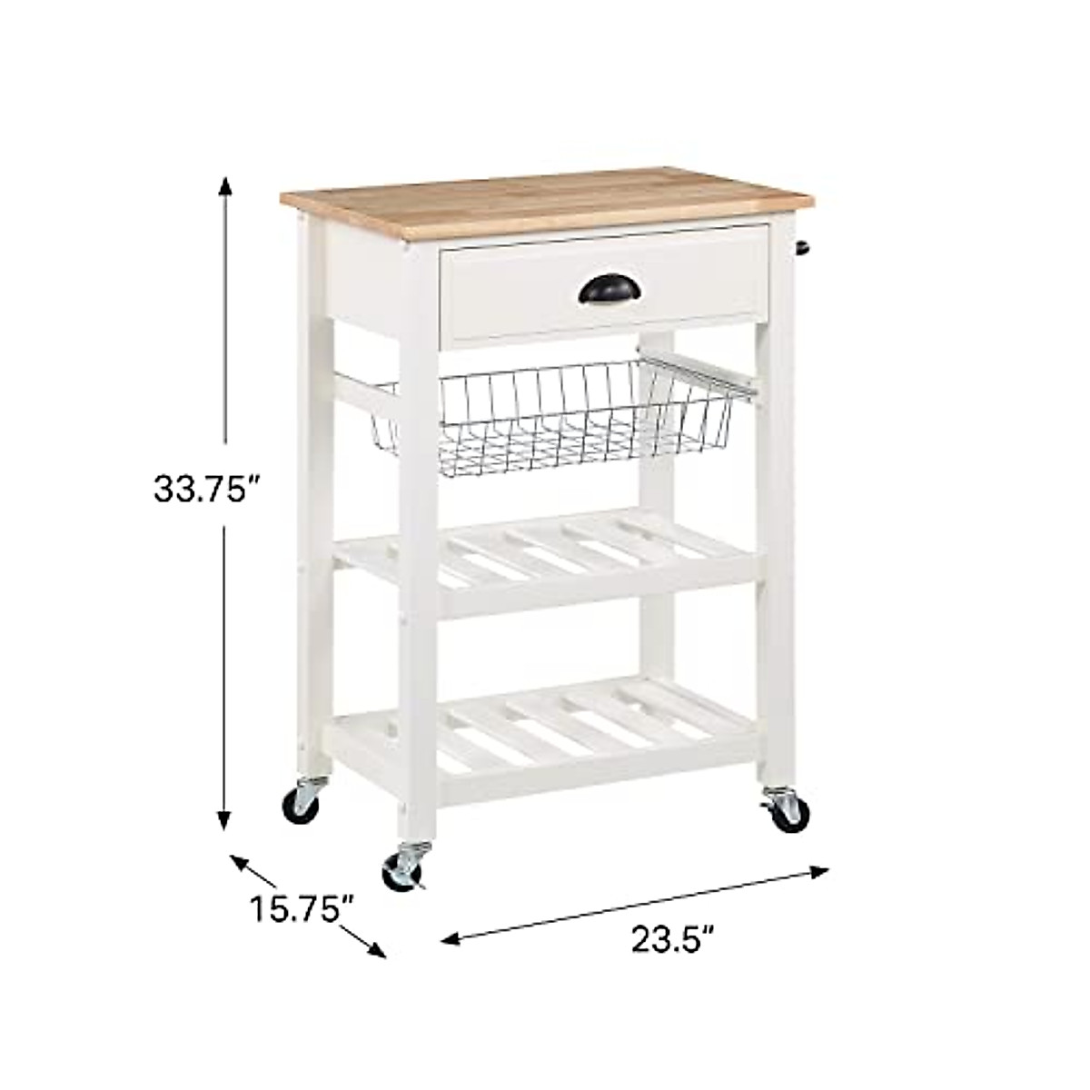 OS Home and Office Furniture Model HMPNW-11 Hampton Kitchen Cart in White with Solid Rubberwood Top