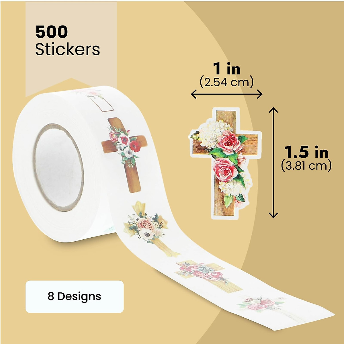 Faithful Finds 500 Piece Floral Cross Stickers, Christian Cross Stickers for Scrapbooking, Religious Stickers Roll with 8 Floral Design, Mini Catholic Cross Stickers for Crafts and Cards, 1 x 1.5 Inch