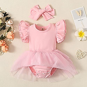 Baby Girl Clothes Infant Ruffle Sleeve Romper Dress Newborn Onesie Headband Outfit Jumpsuit Tutu Skirt Set (039C-Pink Sleeveless, 3-6 Months)