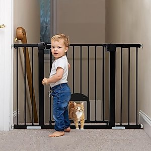 Babelio 29-48" Extra Wide Baby Gate with Adjustable Cat Door,Easy Install Pressure/Hardware Mounted,Auto Close Pet door for Stairs,House,Doorways,Effortless Walk Thru,Black