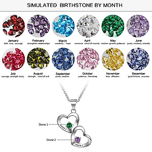 Personalized 2 Names Sterling Silver Necklace with 2 Simulated Birthstones Couple Engraved Love Heart Pendant Promise Necklace for Women