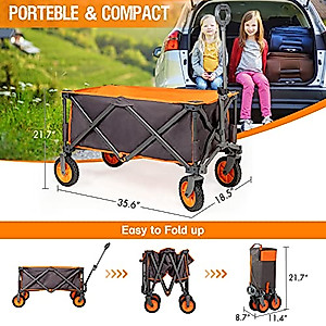 Portal Collapsible Folding Wagon, Push Pull Foldable Beach Wagon Cart with All-Terrain Wheels, Heavy Duty Utility Grocery Wagon for Outdoor Camping Garden Sport Shopping, Holds 225 lbs, Grey/Orange