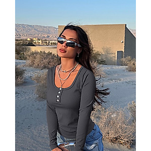 OQQ Women's 2 Piece Long Sleeve Seamless Ribbed Button Stretch Shirt, Darkgrey,avocado Green, Large