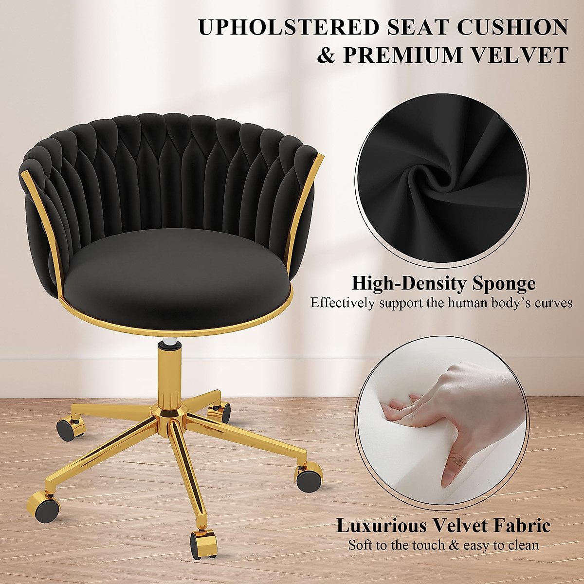 GOOLON Velvet Desk Chair, Modern Office Chair with Wheels, Home Swivel Vanity Armchair with Woven Back Comfy Height Adjustable Seat Sturdy Golden Metal Rolling Base for Makeup Bedroom, Black
