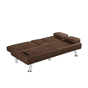 Haplized Leather Futon Sofa Bed, Convertible Folding Couch with Armrest and 2 Cupholders, Sofa Bed Couch for Living Room, Small Place (Coffee)