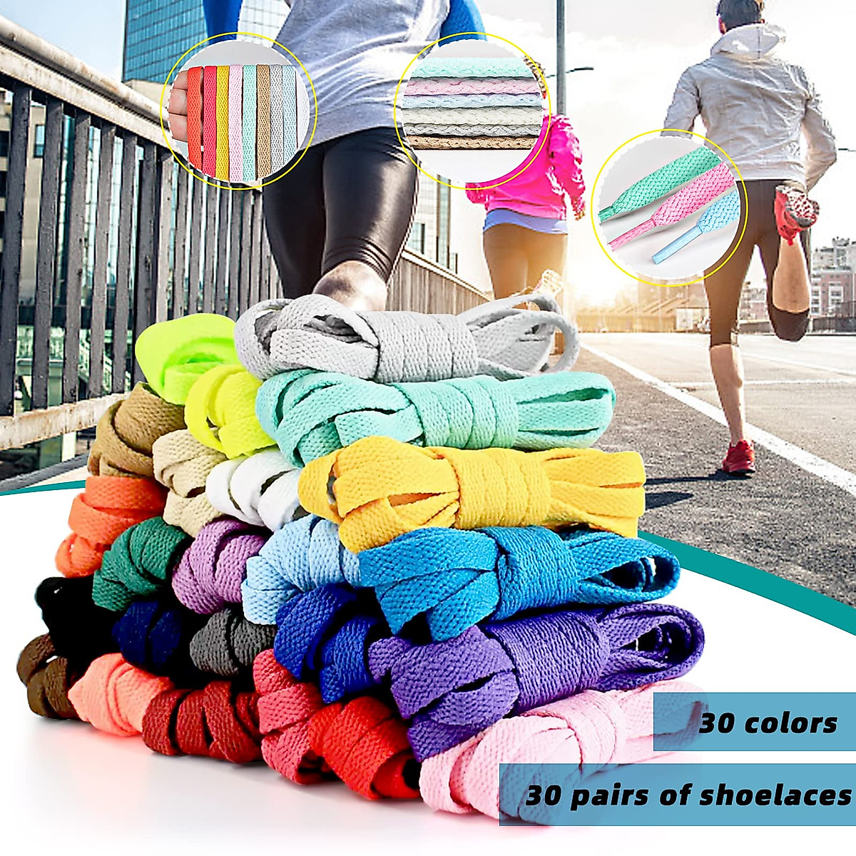 ISUSSER 30 Pairs Flat Colored Shoe Laces, 31" 40" 47" 54" Athletic Shoelaces 30 Colors Shoe Strings for Sneakers Boots Skate Shoes Sport Shoes