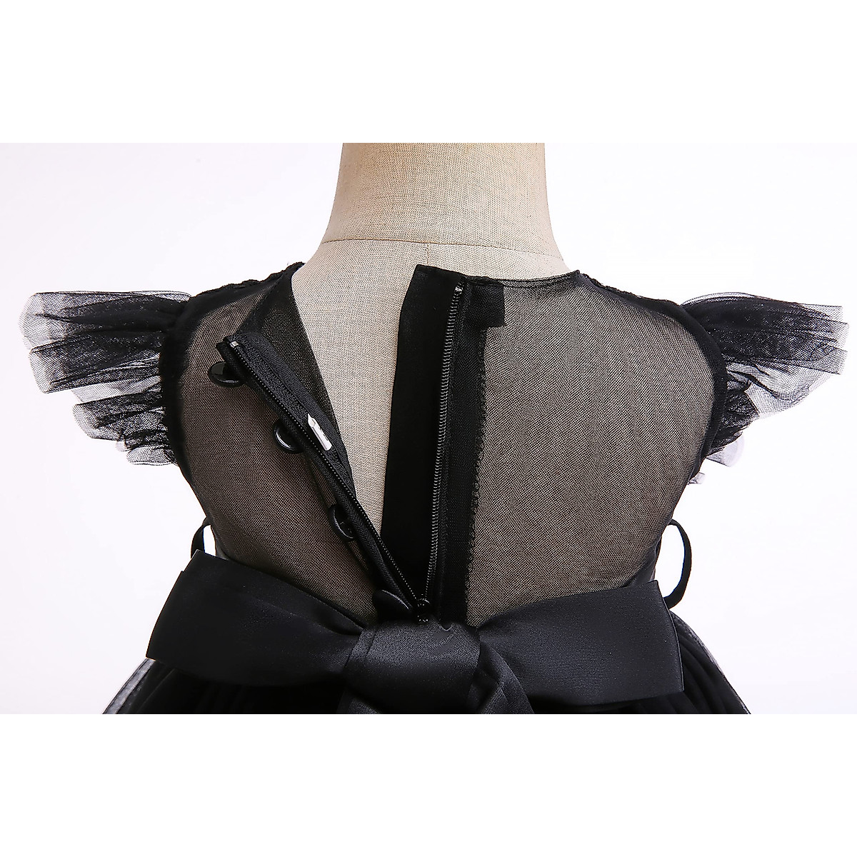 Weileenice Black Flower Baby Girl Tulle Dress 6M/ 6-12 Flutter Sleeve Sheer Back Newborn Girls 1st Birthday Party Wedding Outfit Lace Bow Headband Toddler Photo Shoot Formal Tutu Dresses Christmas